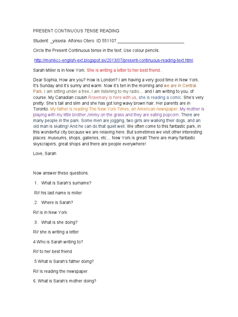 Present Continuous Tense Reading | PDF