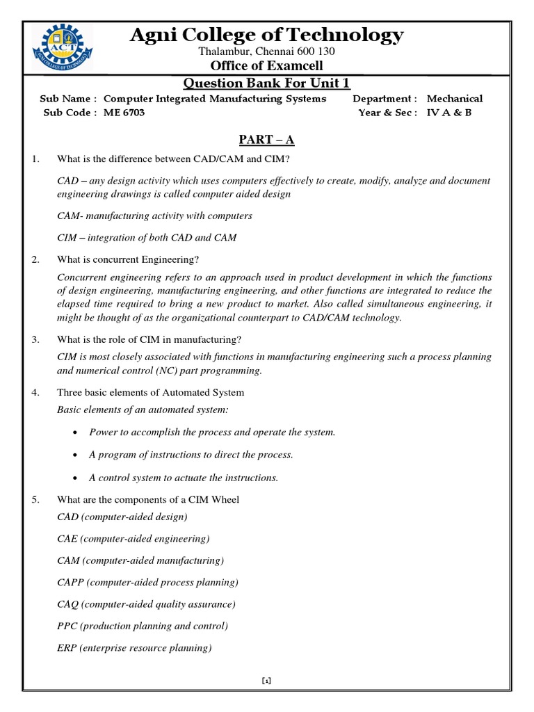Cim Model Unit 1 QB With Ans | PDF | Lean Manufacturing | Automation