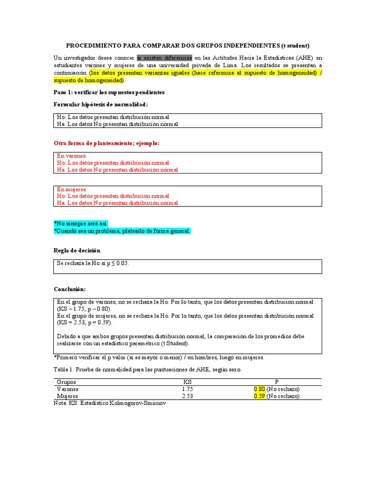 Procedimiento T Student y U Mann Whitney | PDF | Distribución normal | Estadísticas