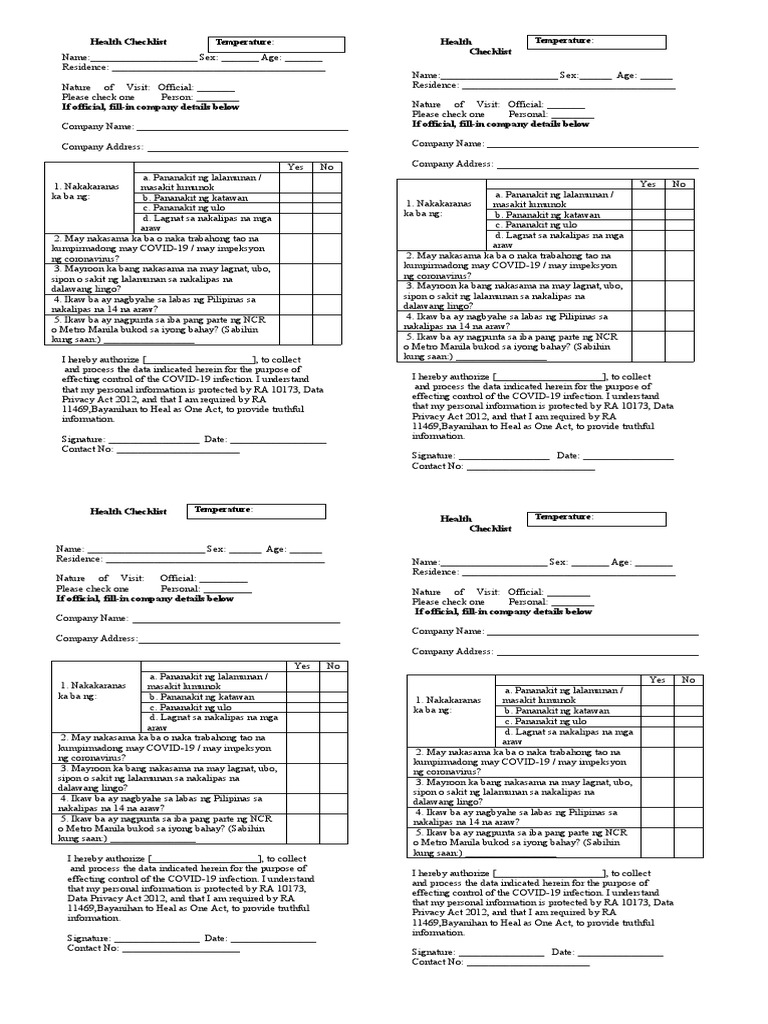 Health Checklist Health Checklist Temperature: Temperature | PDF ...
