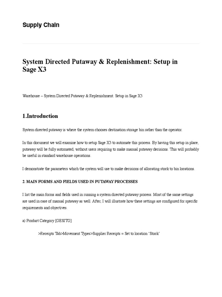 System Directed Putaway & Replenishment: Setup in Sage X3 - Supply Chain PDF | PDF | Warehouse ...