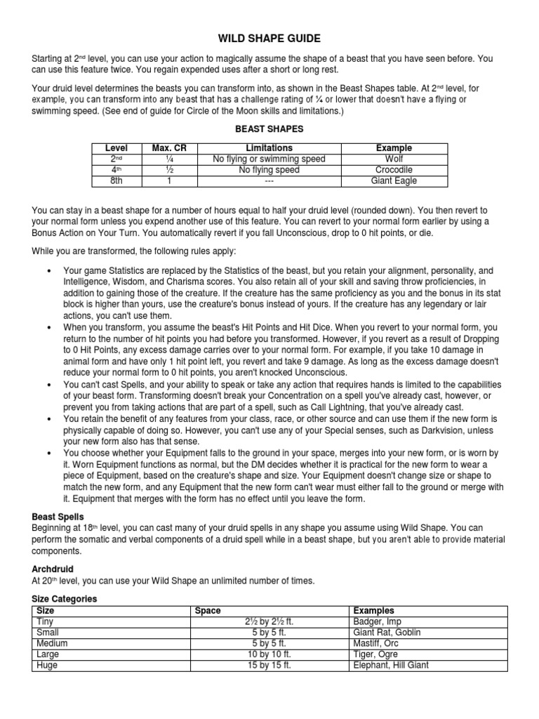Wild Shape Guide: Beast Shapes Level Max. CR Limitations Example | PDF ...