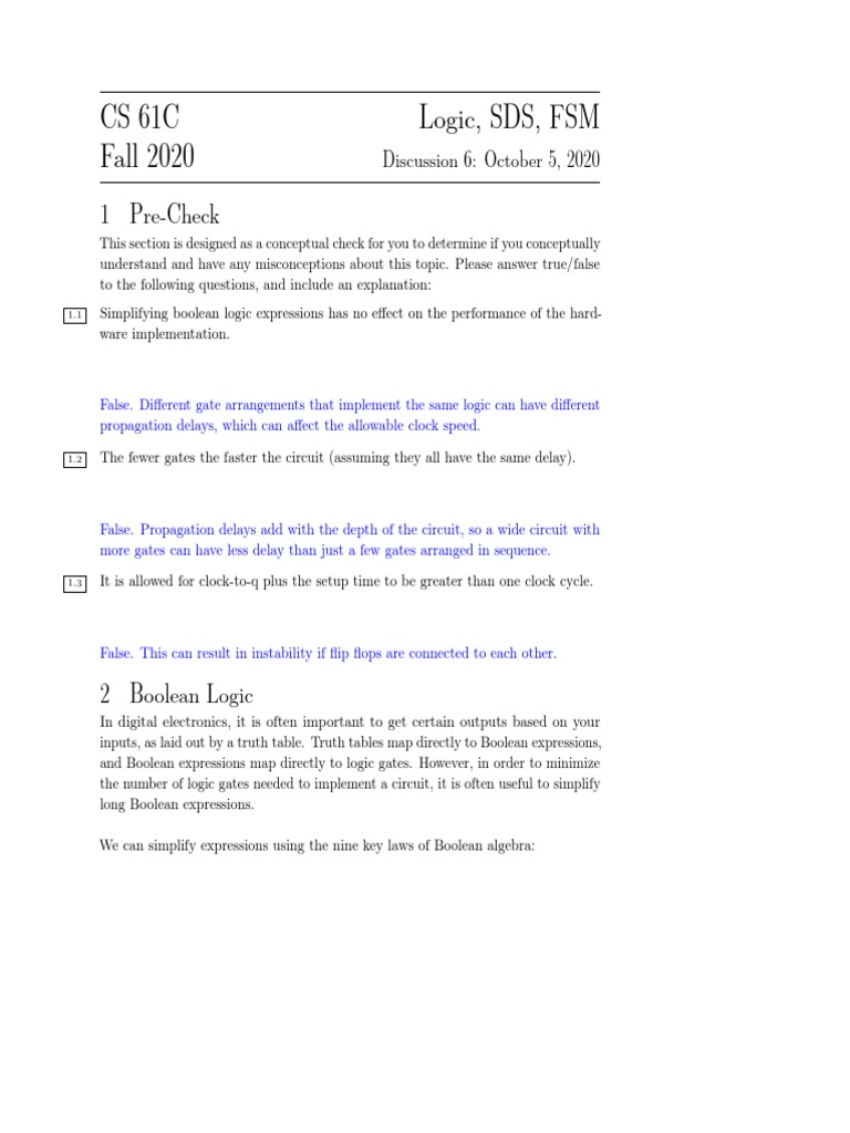CS 61C Logic, SDS, FSM Fall 2020: 1 Pre-Check | PDF | Logic Gate ...