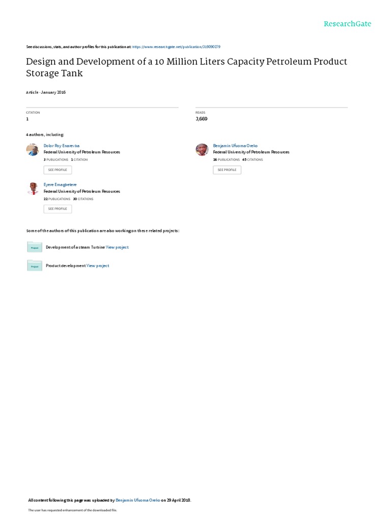 Design and Development of A 10 Million Liters Capacity Petroleum Product Storage Tank | PDF ...