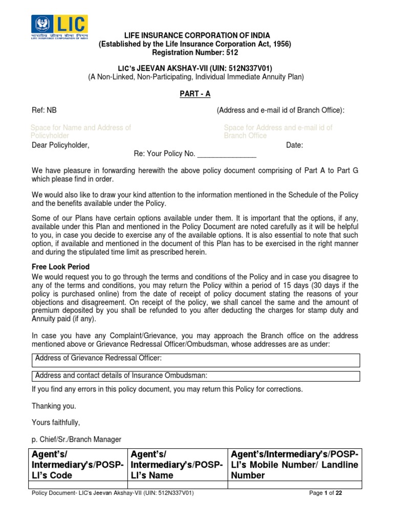 LIC S Jeevan Akshay VII - Policy Document - Website | PDF | Annuity (European) | Annuity (American)