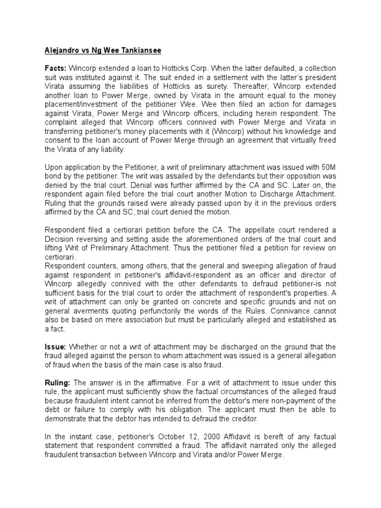 Alejandro Vs NG Wee Tankiansee | PDF | Certiorari | Lawsuit