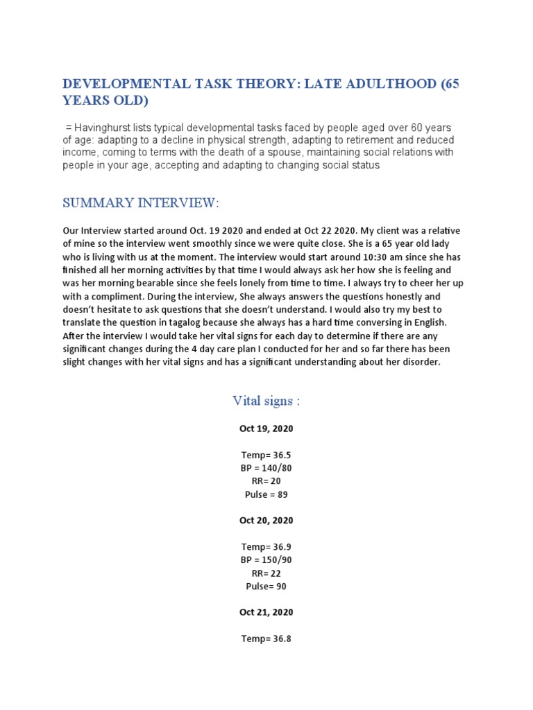 Developmental Task Theory: Late Adulthood (65 Years Old) : Summary ...