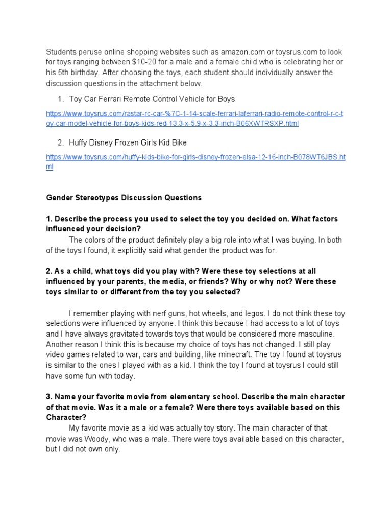 Gender Stereotypes Discussion Questions PDF | PDF | Toys | Gender Role
