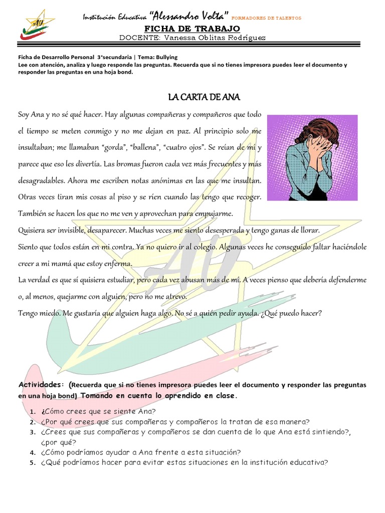 Hoja De Trabajo Sobre El Acoso Escolar PDF) Bullying E Cyberbullying: