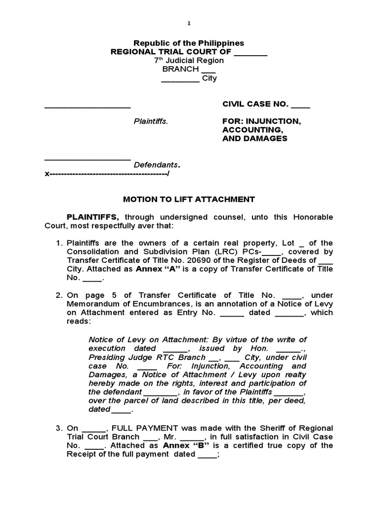 Sample Motion To Lift Attachment | PDF | Lawsuit | Social Institutions