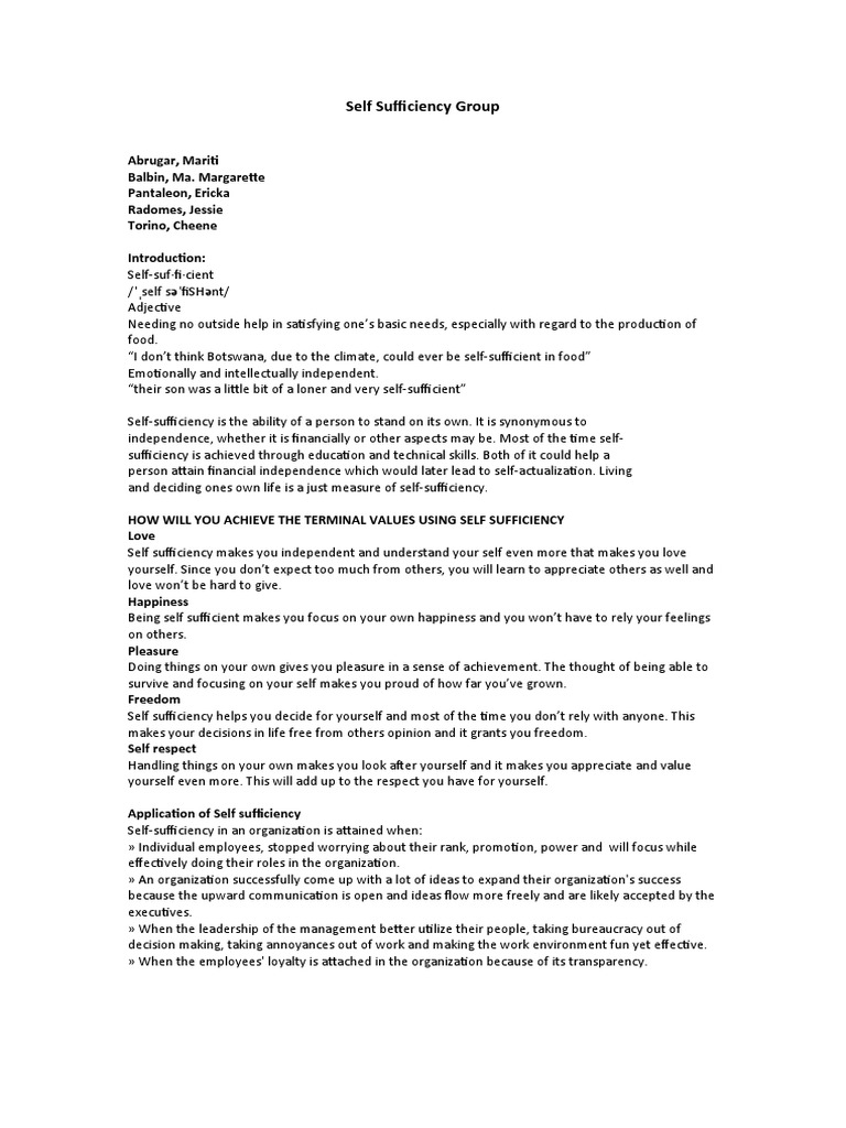 Self Sufficiency Group: Abrugar, Mariti Balbin, Ma. Margarette ...