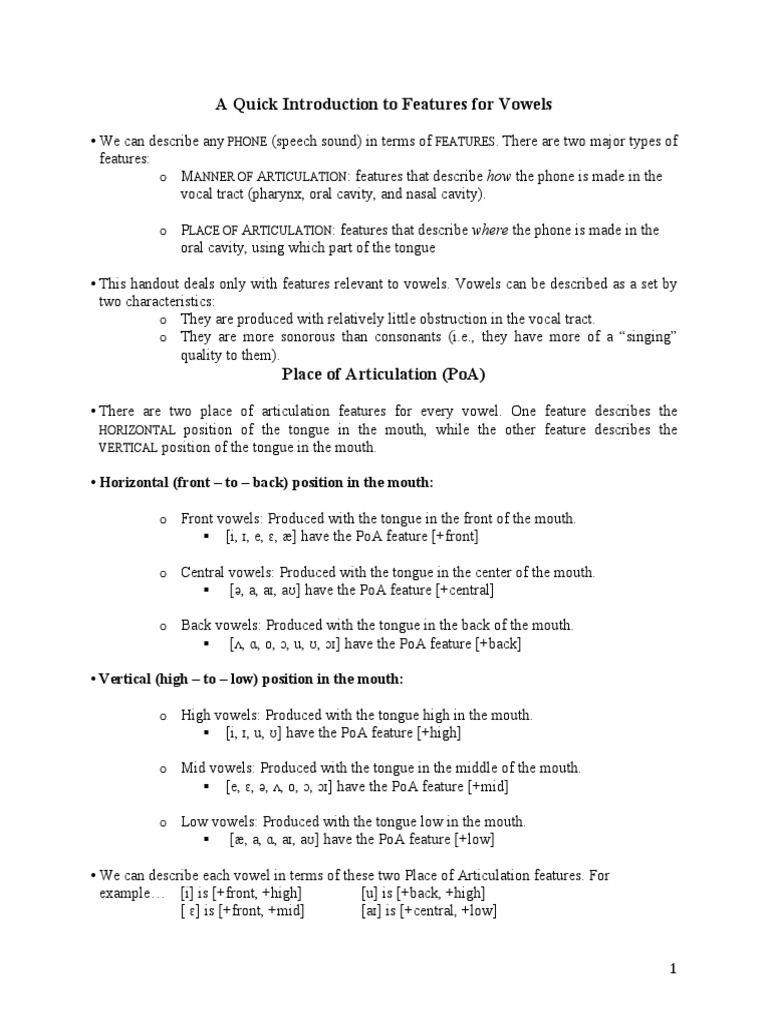 Guide To Vowel Features | PDF | Vowel | Human Throat