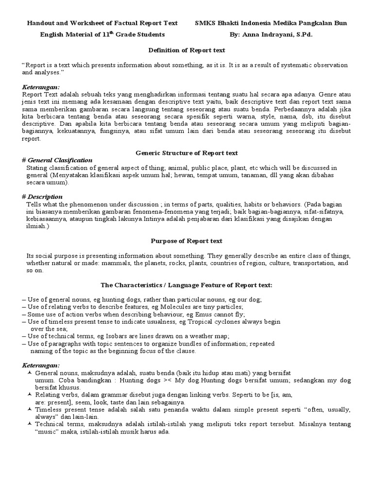 Handout and Worksheet of Factual Report Text | PDF