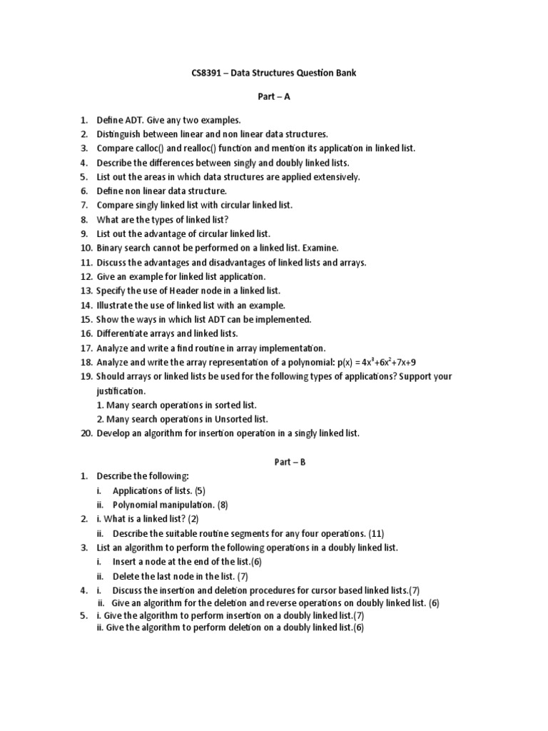 CS8391 - Data Structures Question Bank Part - A | PDF