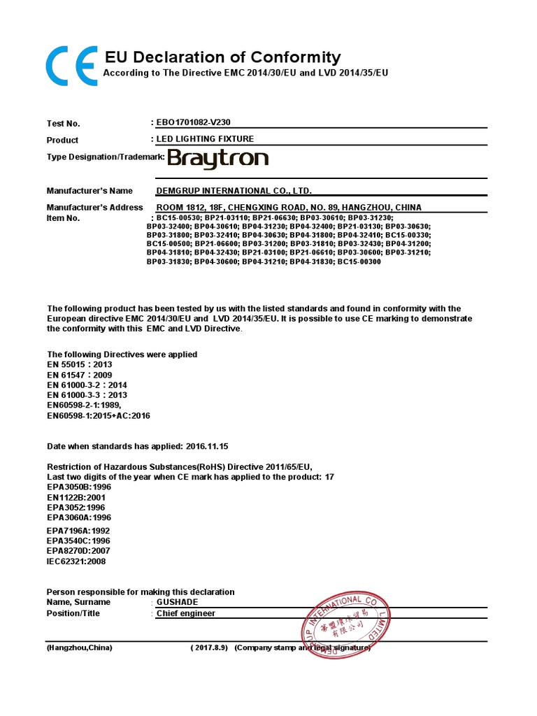 EU Declaration for LED Lighting Fixture | PDF