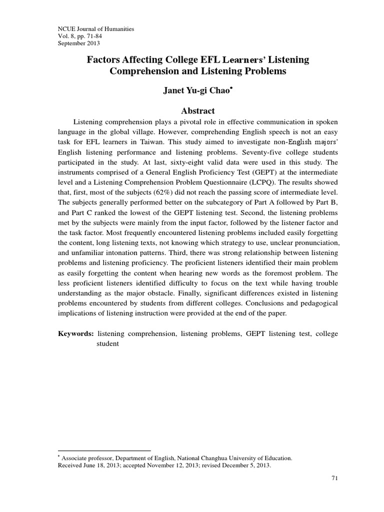Factors Affecting College EFL Learners' Listening Comprehension and Listening Problems | PDF ...
