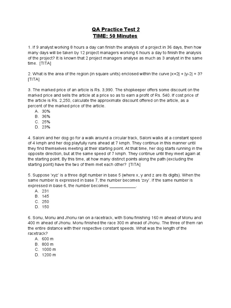 QA Practice Test 2 | PDF | Speed | Teaching Mathematics