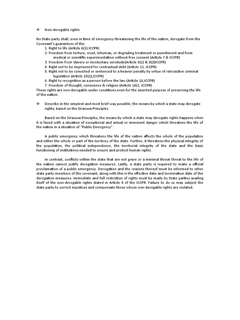 ICCPR Non Derogable Rights | PDF