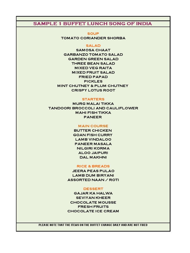 Sample 1 Buffet Week Lunch Menu | PDF