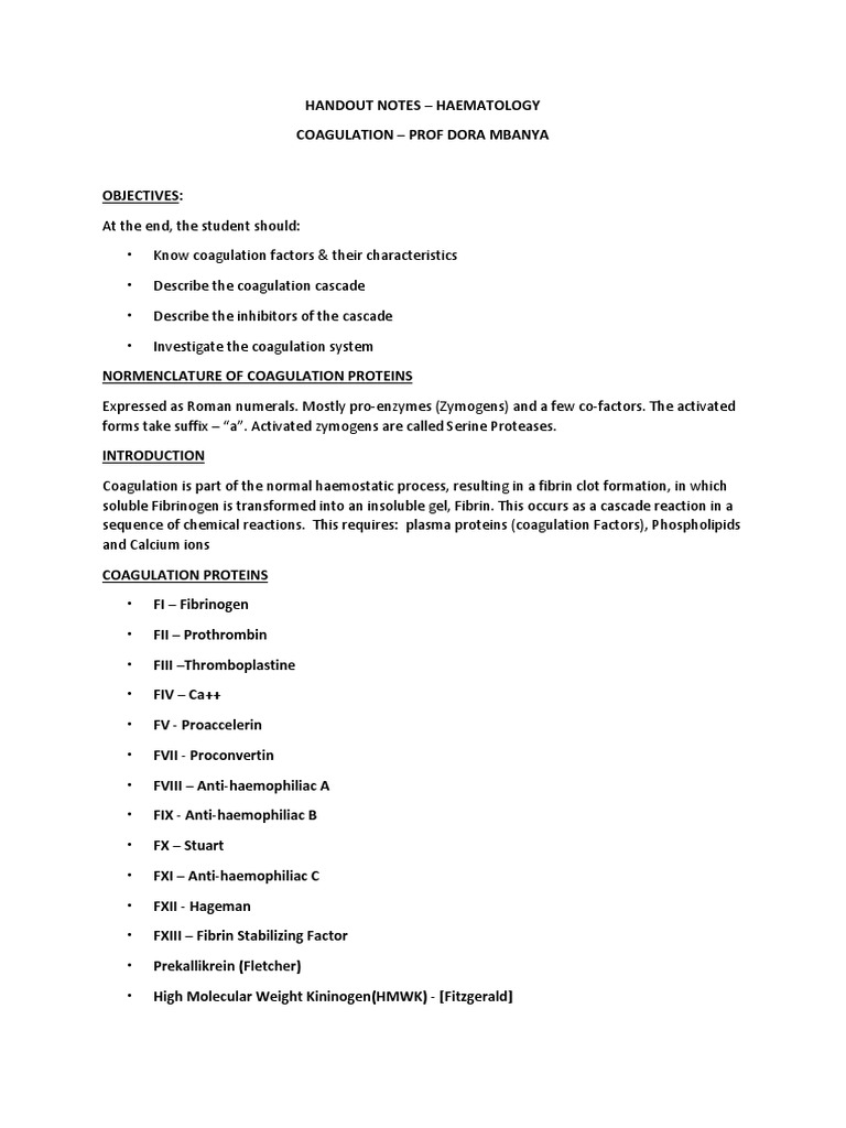 Handout Notes - Haematology Coagulation - Prof Dora Mbanya | PDF ...