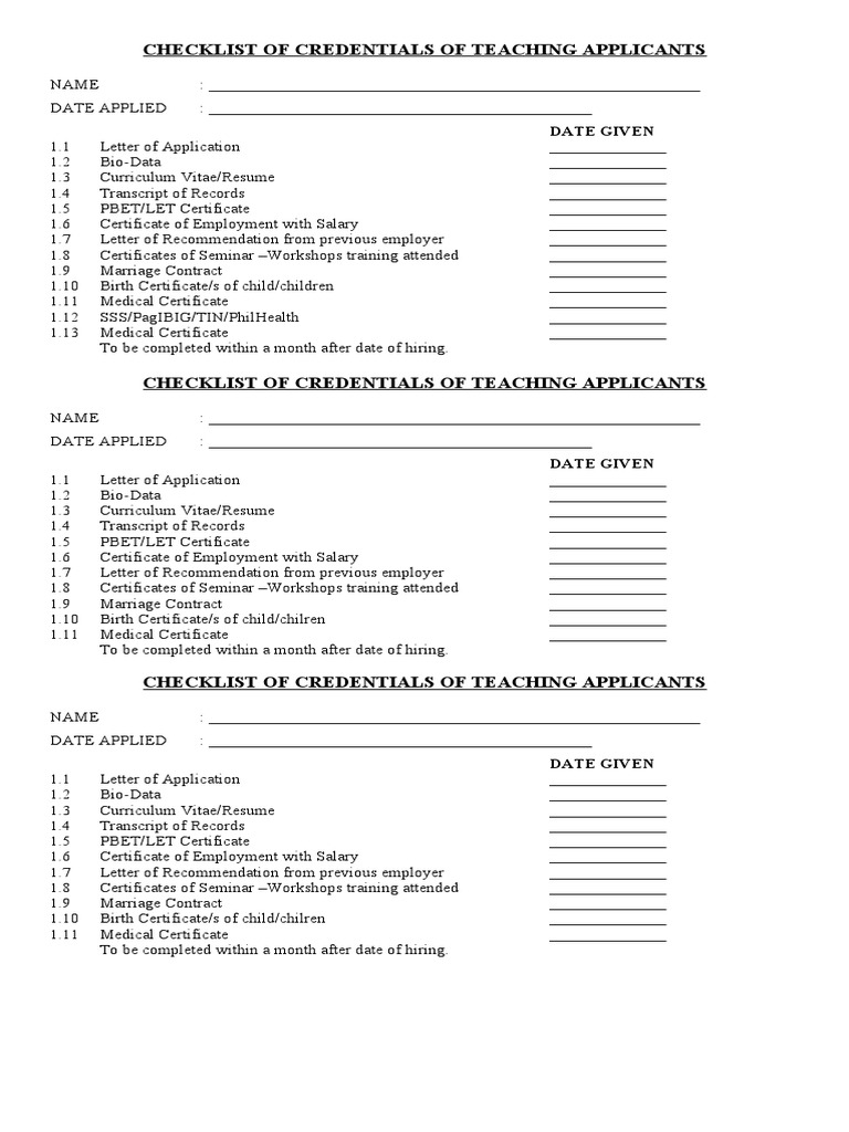 Checklist of Credentials of Teaching Applicants | PDF | Adulthood ...