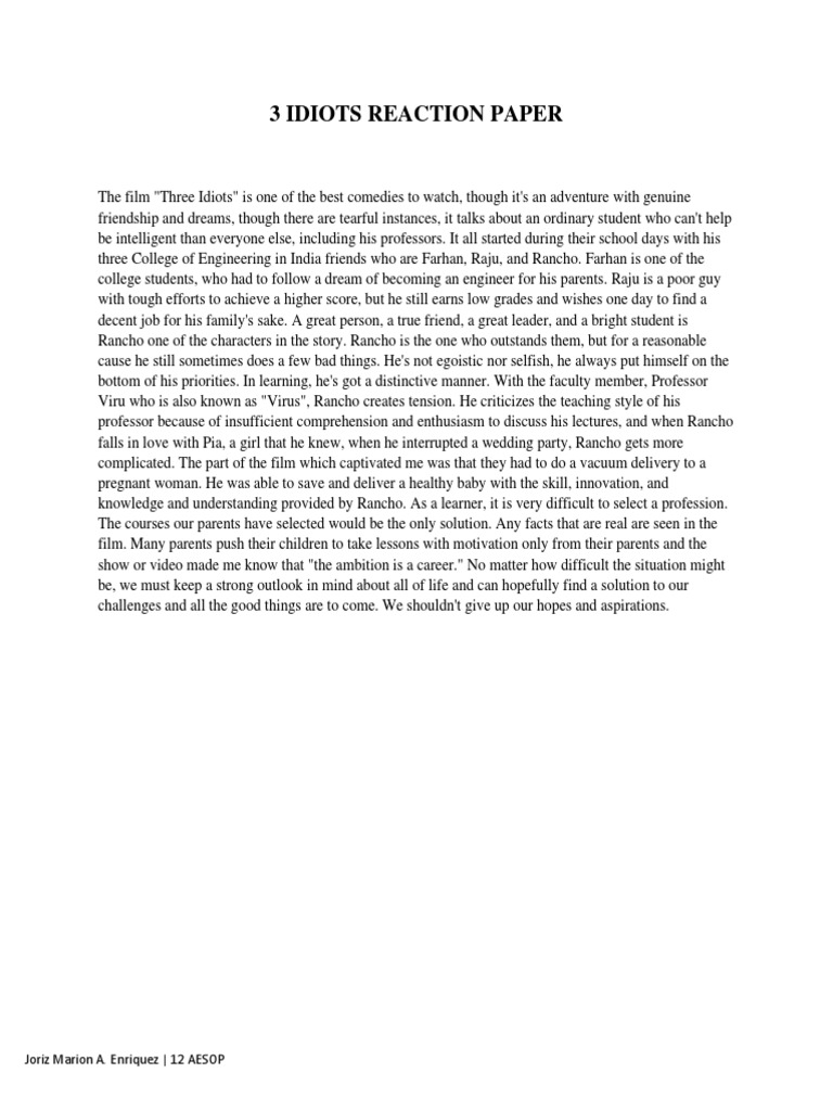3 Idiots Reaction Paper: Joriz Marion A. Enriquez - 12 AESOP | PDF ...
