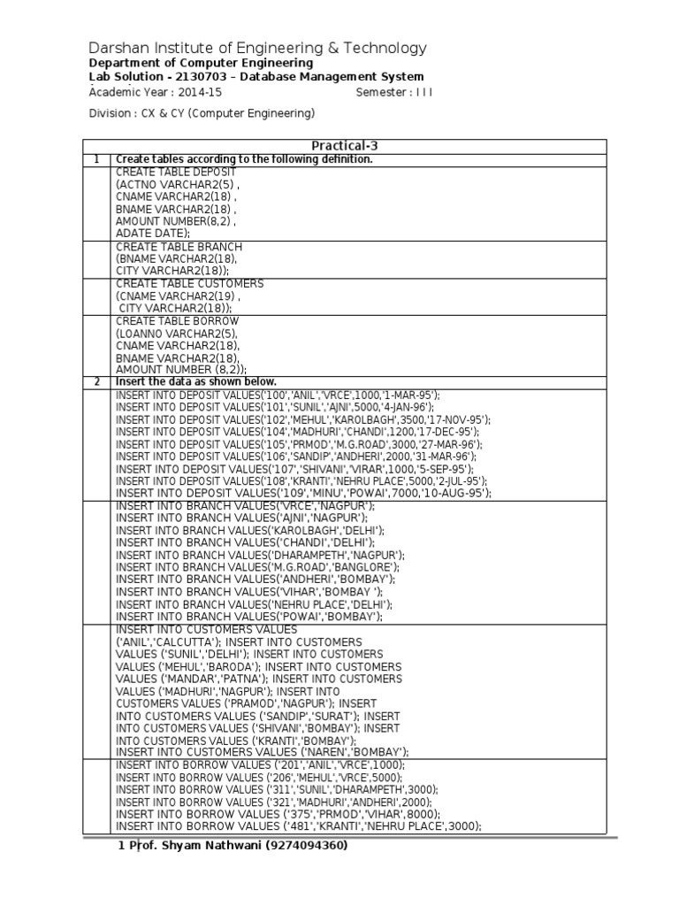Darshan - III Sem - DBMS - LAB - SOLUTION - 14112014 - 064858AM | PDF ...