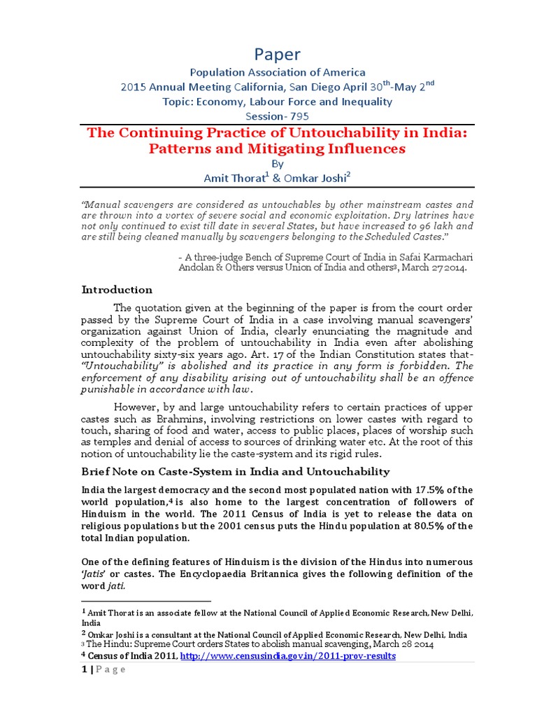 Paper: The Continuing Practice of Untouchability in India: Patterns and ...
