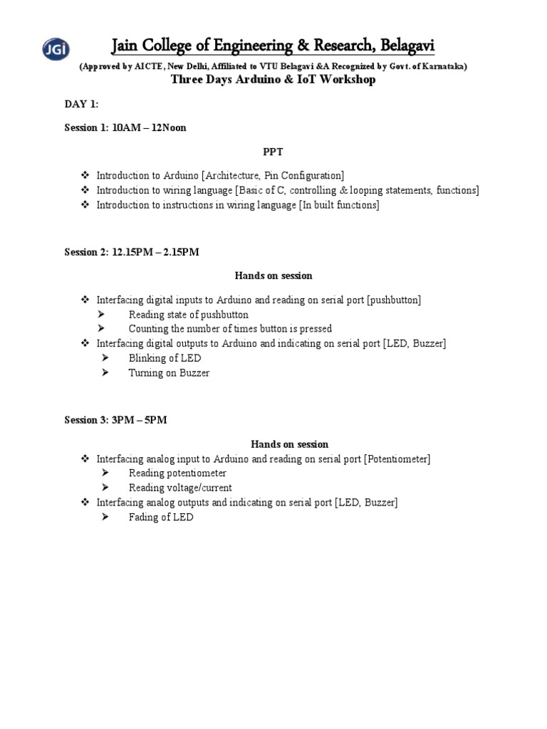 Jain College of Engineering & Research, Belagavi: Three Days Arduino & Iot Workshop | PDF ...