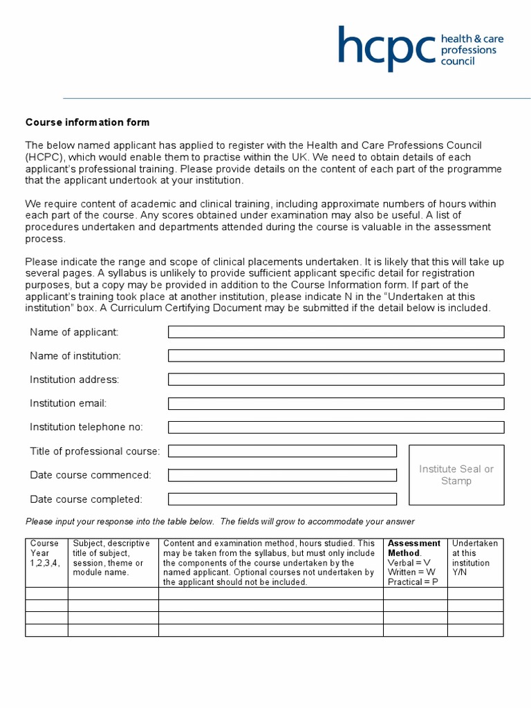 Details Of Professional Training A Course Information Form For Health And Care Professions