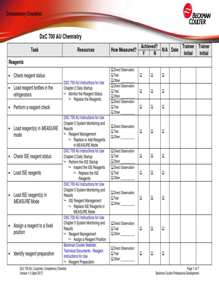 DXC 700 AU Competency Checklist | PDF | Calibration | Computing