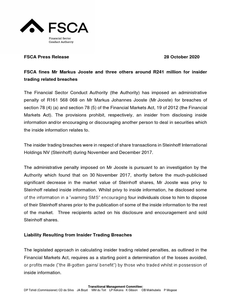 FSCA Press Release FSCA Fines Markus Jooste and Others R241 Million For ...