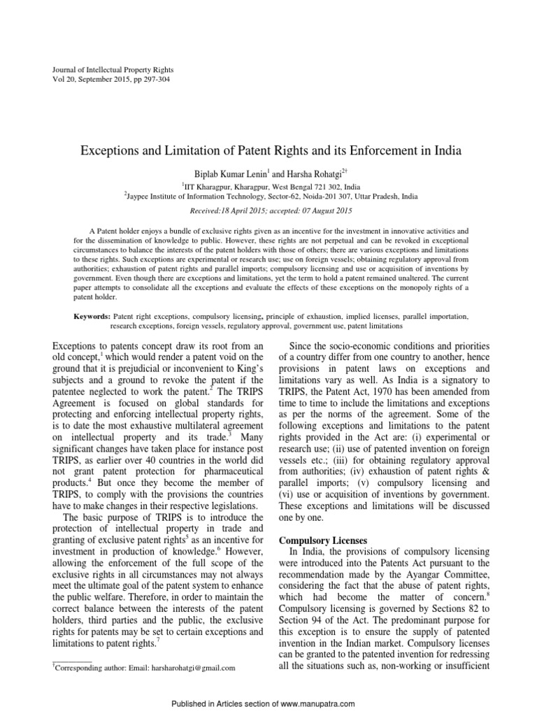 Exceptions and Limitation of Patent Rights and Its Enforcement in India ...