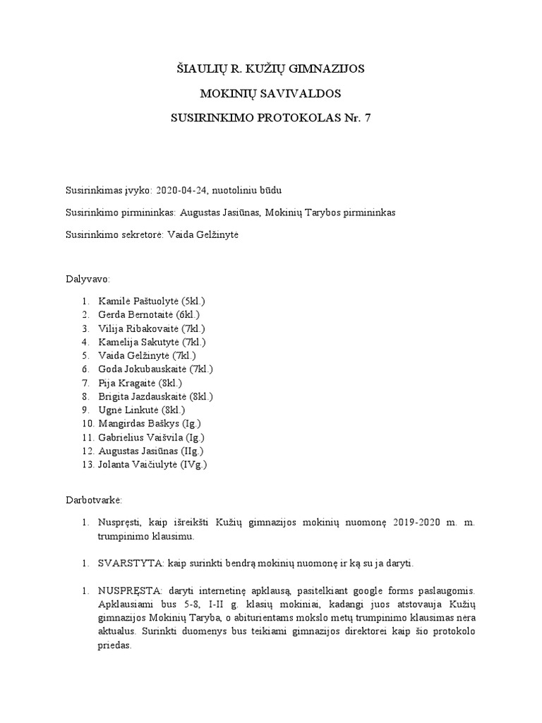 Šiaulių R. Kužių Gimnazijos Mokinių Savivaldos Susirinkimo Protokolas ...