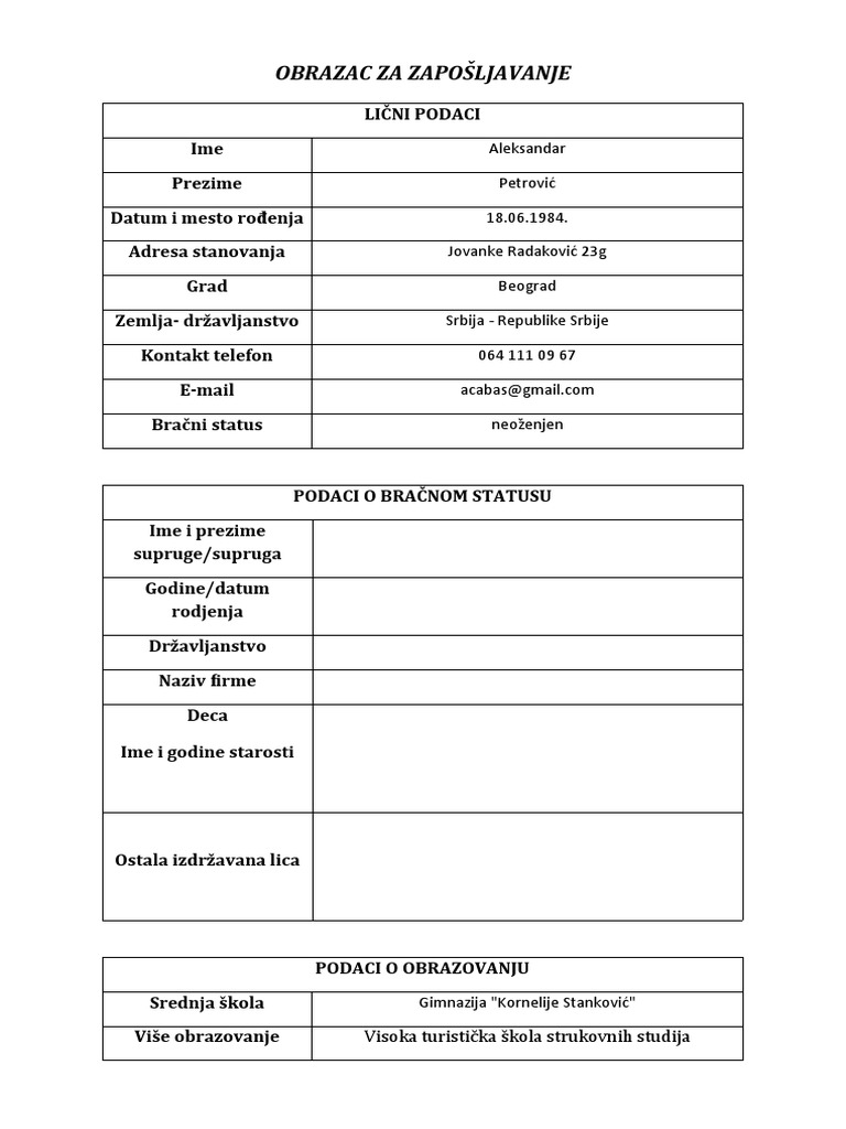 Obrazac Za Zapošljavanje | PDF