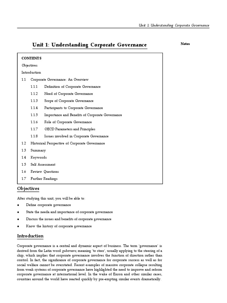 Unit 1: Understanding Corporate Governance: Notes | PDF | Corporate ...