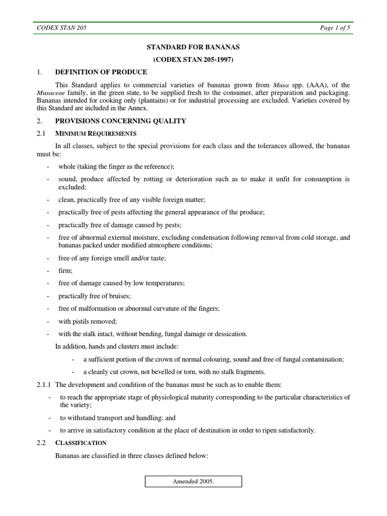 Standard For Bananas (Codex Stan 205-1997) Definition of Produce | PDF ...