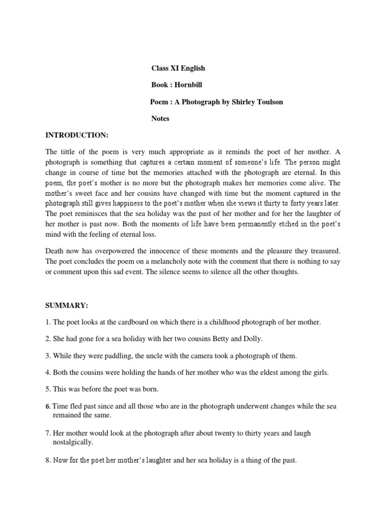 Class 11 A Photograph Summary & Notes | PDF