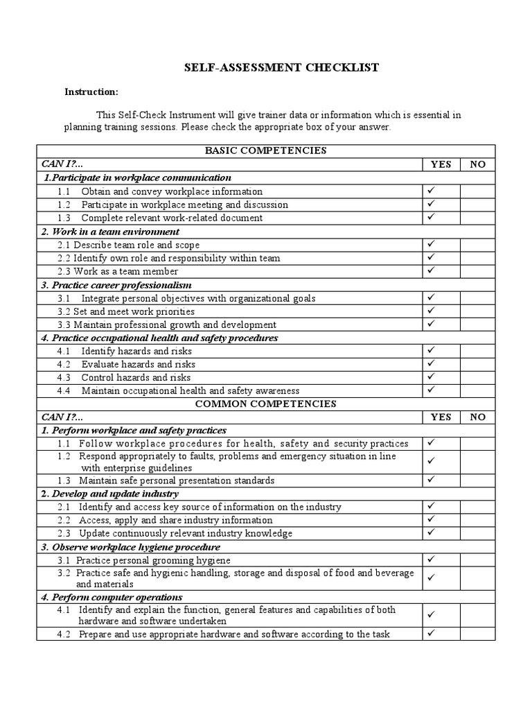 Self-Assessment Checklist for Competencies | PDF | Occupational Safety ...
