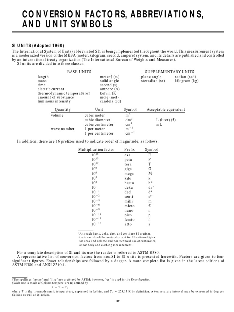 Conversion Factors, Abbreviations, and Unit Symbols: SI UNITS (Adopted ...