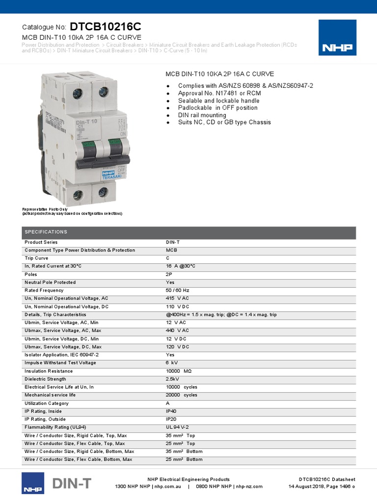 DTCB10216C: MCB Din-T10 10ka 2P 16A C Curve Catalogue No | PDF