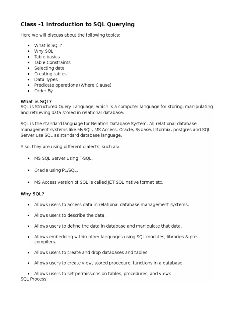 Class - 1 Introduction To SQL Querying | PDF | Relational Database | Sql