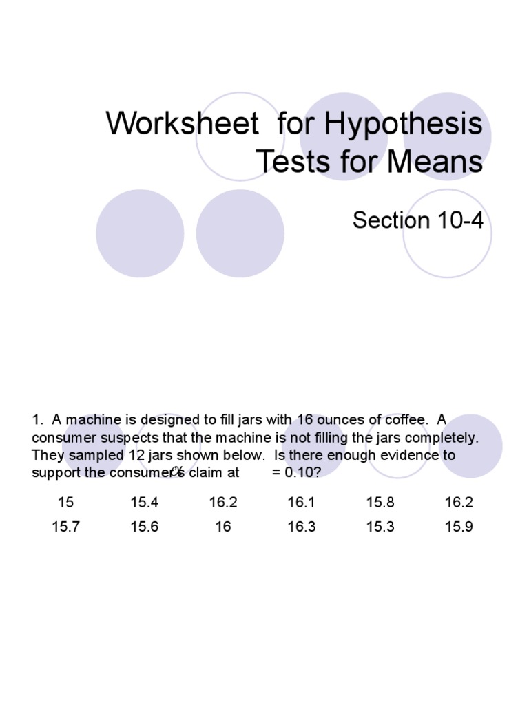 Worksheet For Hypothesis Tests For Means: Section 10-4 | PDF | P Value ...