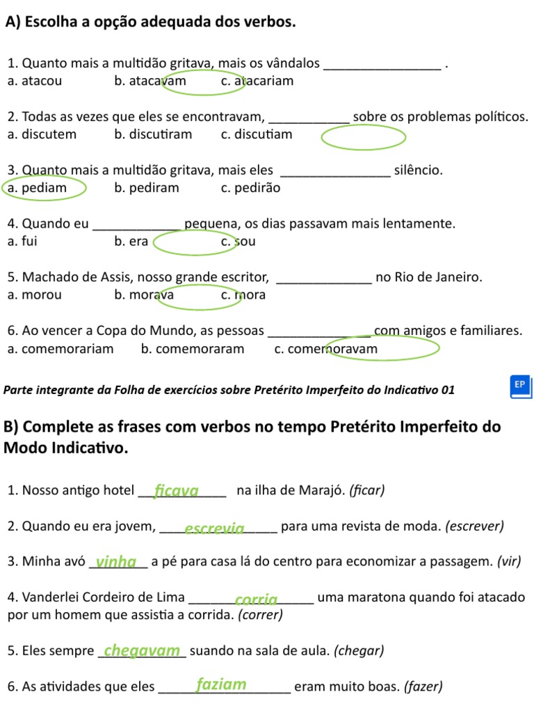 Folha de Exercícios Sobre Pretérito Imperfeito Do Indicativo 01 | PDF