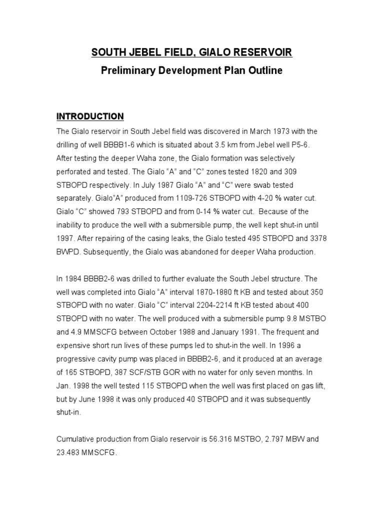 South Jebel Field, Gialo Reservoir Preliminary Development Plan Outline ...