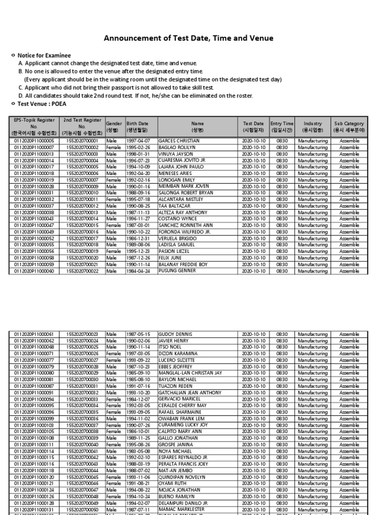 EPS-Topik Test Schedule | PDF