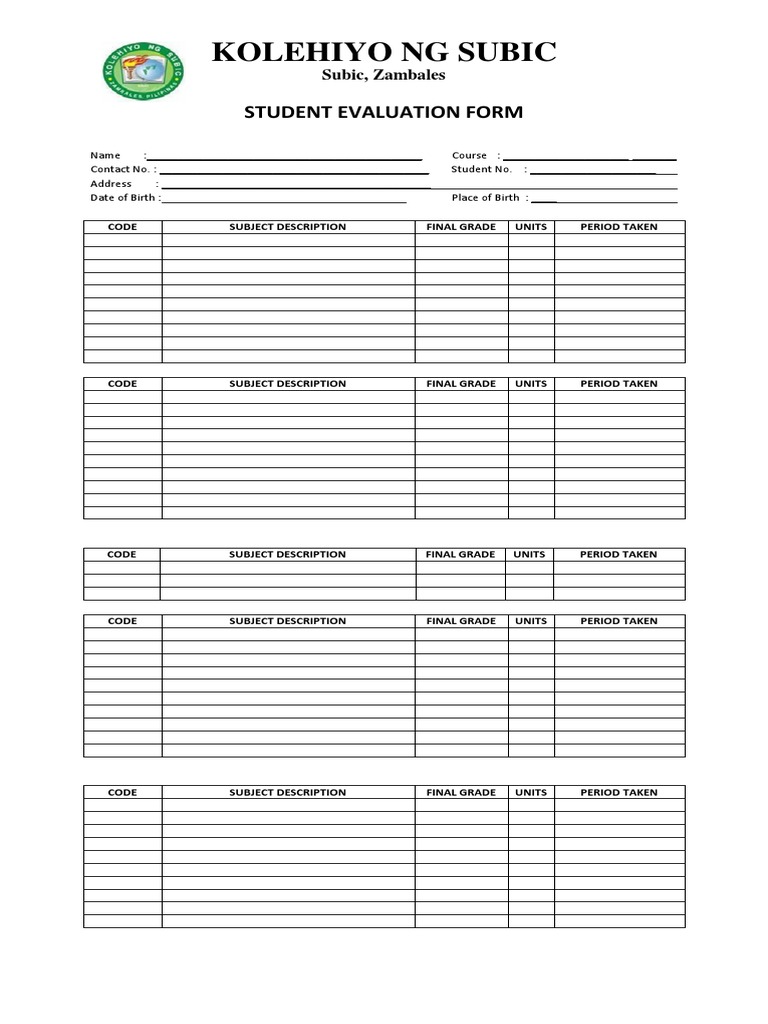 Kolehiyo NG Subic: Student Evaluation Form | PDF
