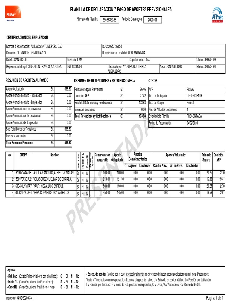 Planilla AFP Prima 01 2020 | PDF | Economía demográfica | Jubilación