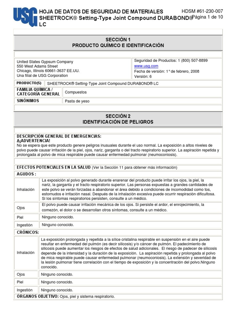 Sheetrock Durabond LC Joint Compound Msds Es 61230007 | PDF | Cloruro ...