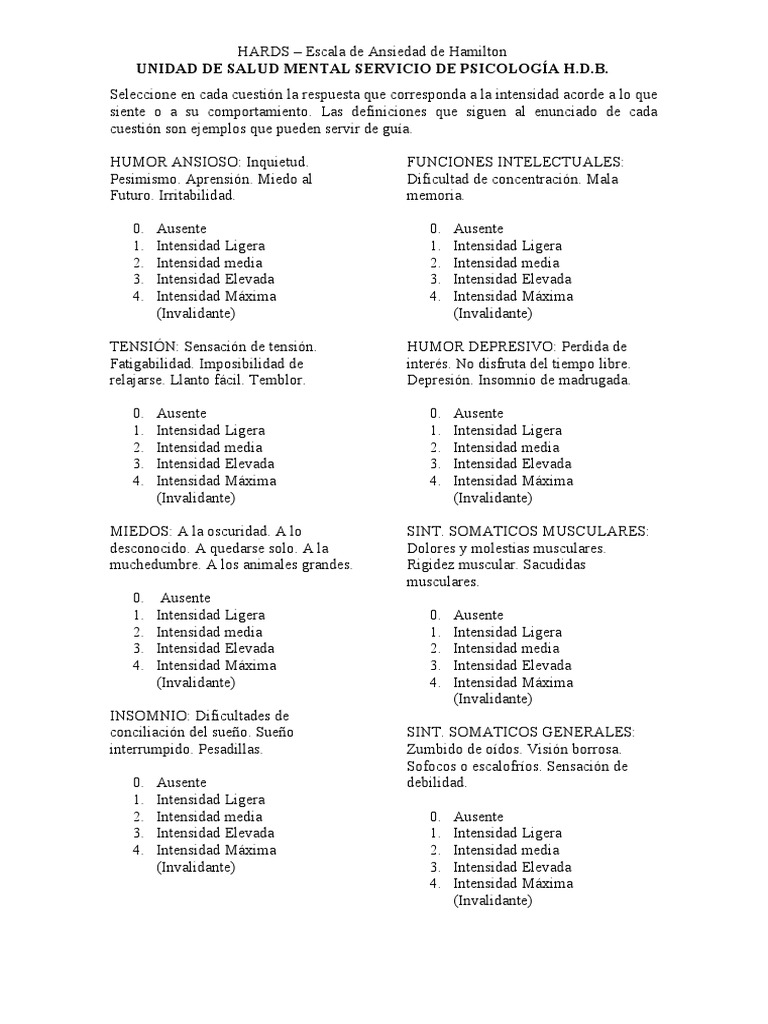 Escala Hamilton Ansiedad | PDF | Depresión (estado de ánimo ...